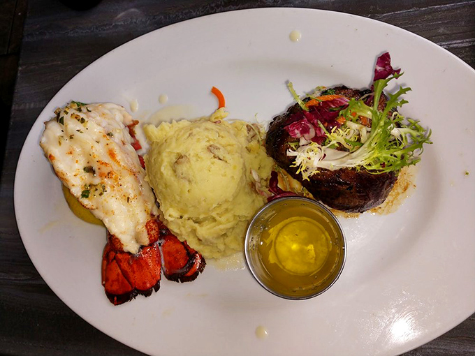 Surf and turf perfection: a lobster tail that practically glows alongside a steak that would make even vegetarians do a double-take.