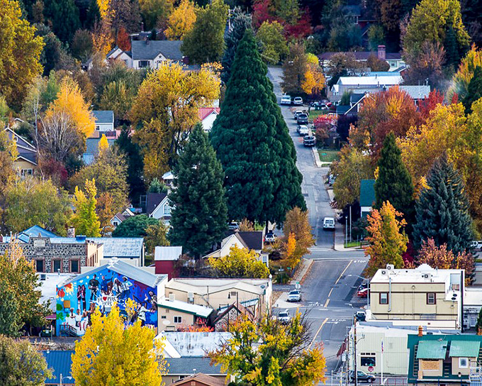 Wide sidewalks invite leisurely strolls past local businesses that actually know their customers' names.