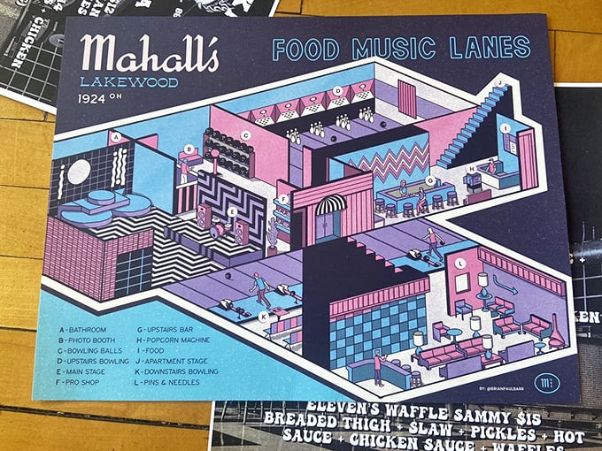 This colorful illustrated map reveals Mahall's isn't just a bowling alley—it's a labyrinth of fun with multiple levels housing lanes, stages, food, and those essential cocktails.