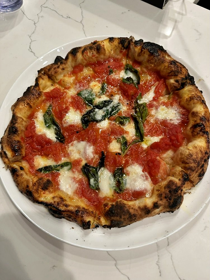 The Margherita&mdash;pizza in its purest form. That leopard-spotted crust is the pizza equivalent of hitting the jackpot in Vegas.