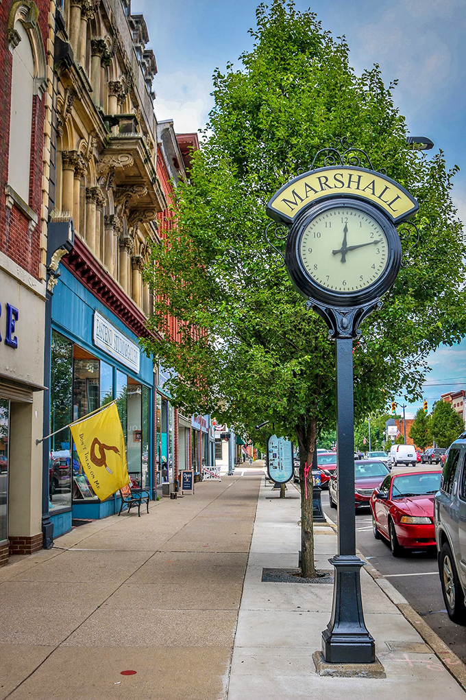 Time moves differently in Marshall, where even the town clock seems to suggest slowing down and enjoying the historic surroundings.