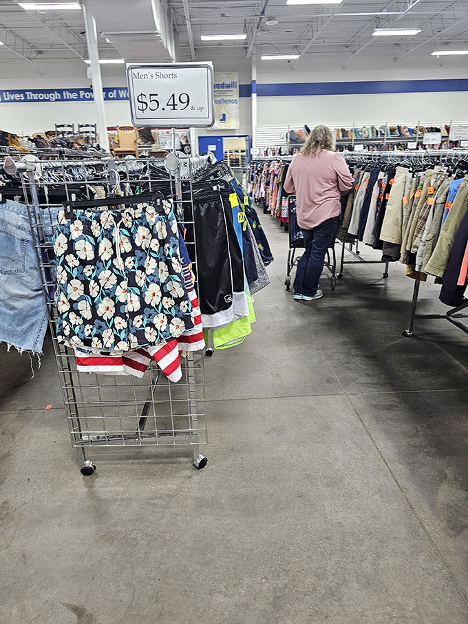 The men's shorts section: where Hawaiian vacation patterns meet practical Midwestern sensibilities, all for less than a fancy coffee. 