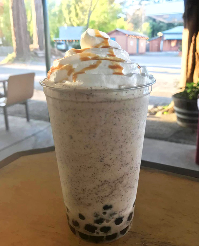 Not just a milkshake, but a work of art&mdash;boba pearls waiting at the bottom like buried treasure for your taste buds.