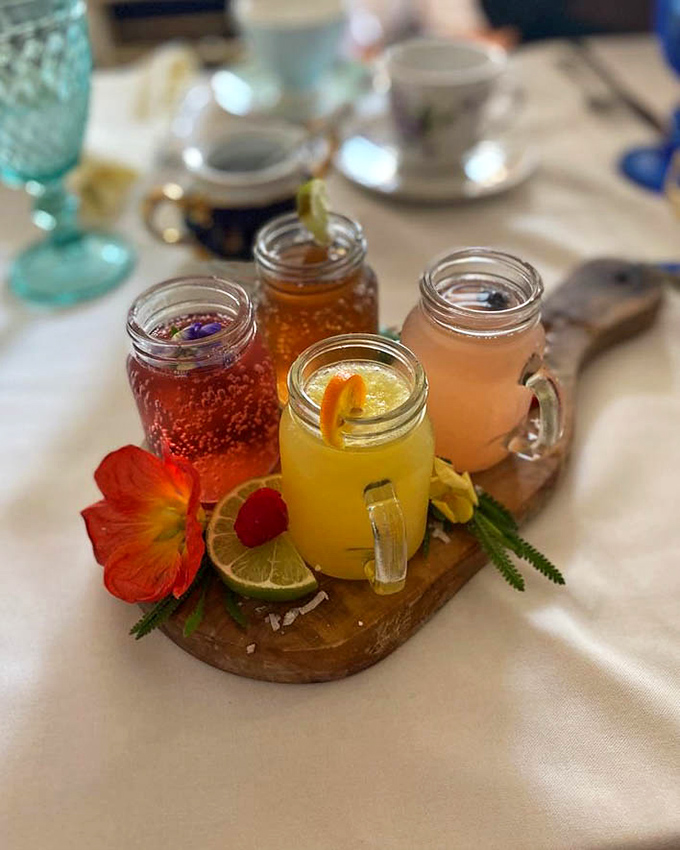 The Mimosa Flight: four tiny mason jars of joy that turn "just one drink" into a proper celebration. Flowers included, no extra charge.