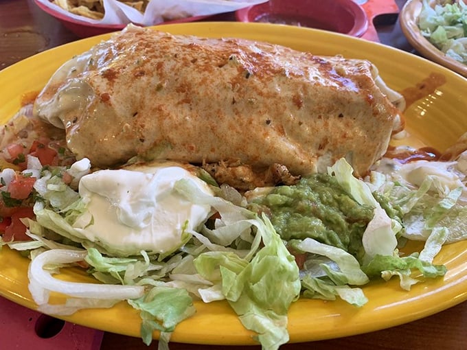 This burrito isn't just a meal, it's a commitment. Smothered in sauce and big enough to have its own zip code, it demands both respect and a doggy bag.