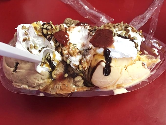 Moonshine ice cream with all the fixings &ndash; proof that combining vices sometimes creates virtues. The bourbon-soaked cherries are practically a health food.