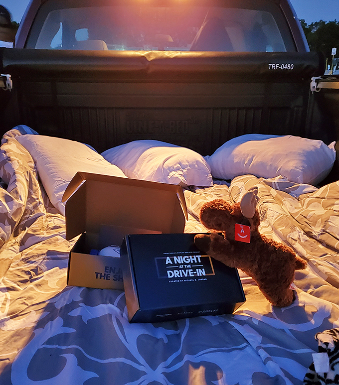 The ultimate drive-in luxury suite: pillows, blankets, and a teddy bear film critic ready for showtime comfort.