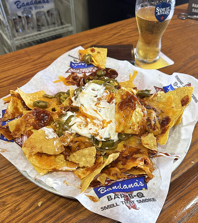 Nachos: where barbecue meets fiesta. That pulled pork and melty cheese combo is what happens when comfort foods have a beautiful friendship.