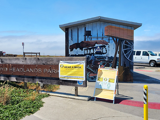 Noyo Headlands Park's entrance promises miles of pristine coastal trails where the only traffic jam you'll encounter might involve migrating whales or diving pelicans.