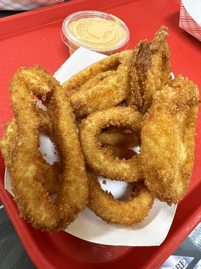 Golden onion rings so perfectly crispy they could double as edible jewelry for discerning diners.