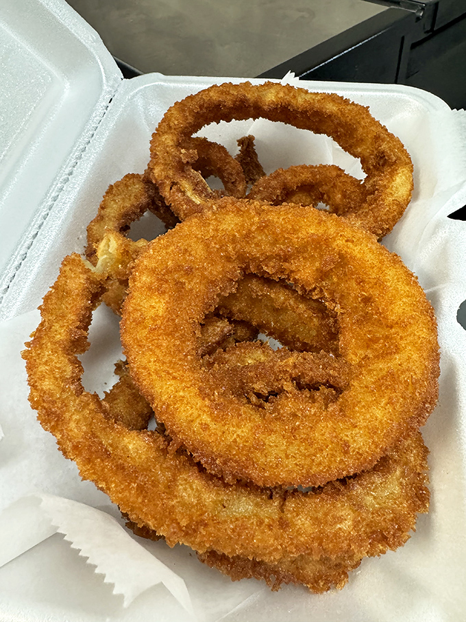 Onion rings that deserve their own fan club. Crispy, golden-brown circles of joy that make you question why you ever settled for lesser rings.