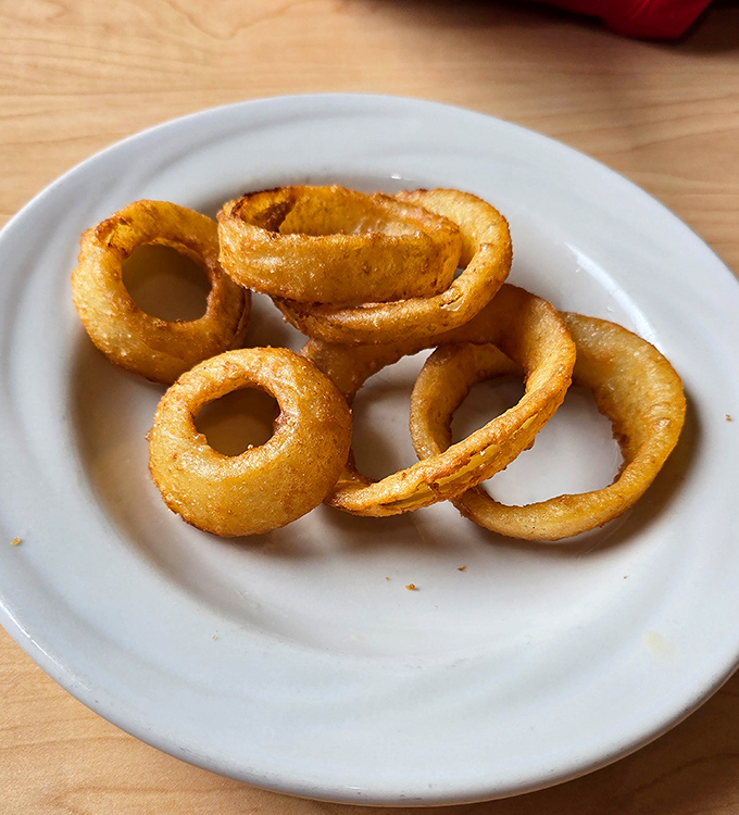Golden onion rings arrive like edible halos, crispy perfection that makes every bite a small celebration of flavor.