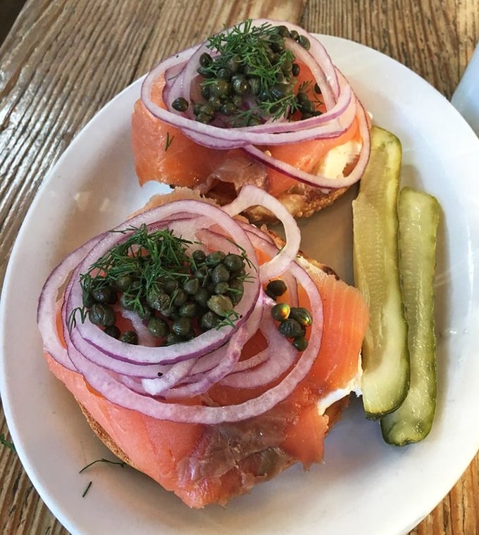 Lox that would make a New Yorker homesick. Those capers and red onions aren't just garnish—they're supporting actors in a salmon-centered drama.