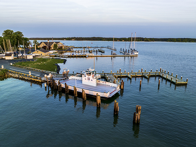 The Oxford-Bellevue Ferry terminal awaits its next crossing, connecting travelers across the Tred Avon River since George Washington was in knickers.
