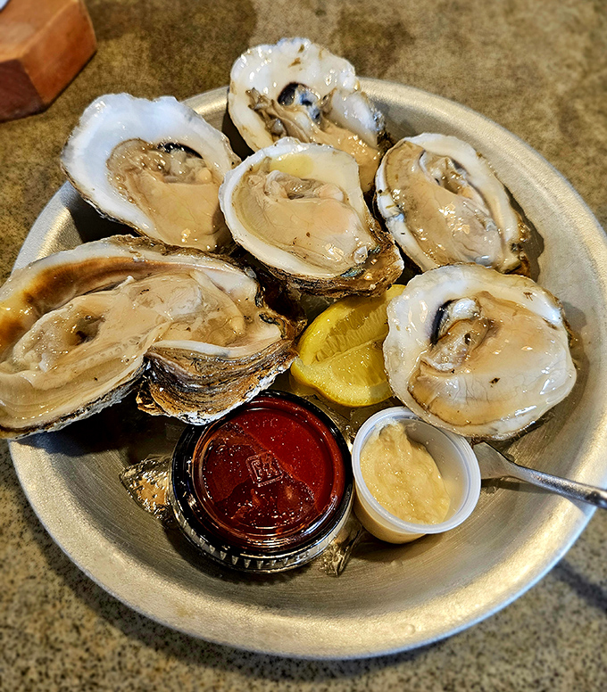 These oysters aren't just served; they're presented like the jewels of the sea they truly are—briny, plump, and utterly irresistible.