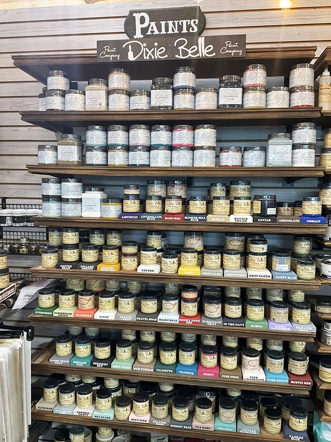 The Dixie Belle paint collection&mdash;more meticulously organized than my spice rack will ever be. Martha Stewart would approve of this color-coded wonderland.