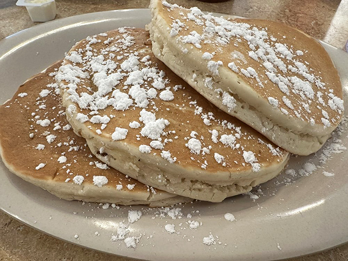 Pancakes so fluffy they could double as pillows. The powdered sugar snowfall is just showing off at this point.