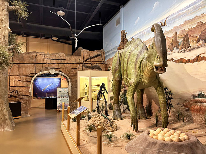 This Parasaurolophus stands guard over its nest, looking remarkably fresh for being millions of years old. The detail in those skin textures is extraordinary!