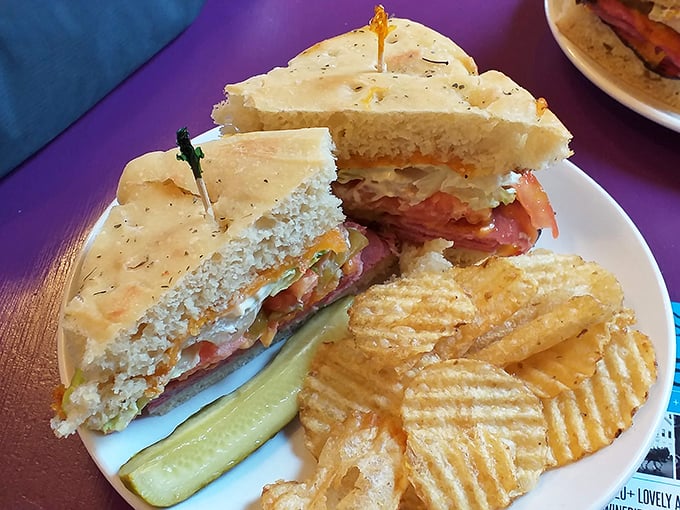 This sandwich isn't just lunch&mdash;it's architecture. Layers of goodness stacked between house-made focaccia with the obligatory pickle and chips sidekicks.