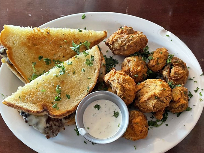 Comfort food that gives you a warm hug from the inside. That golden toast and those mushroom bites are what food dreams are made of.