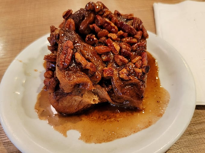 Not just a pecan roll&mdash;a monument to morning indulgence. The caramelized pecans create a sweet armor that protects the tender cinnamon-scented interior.