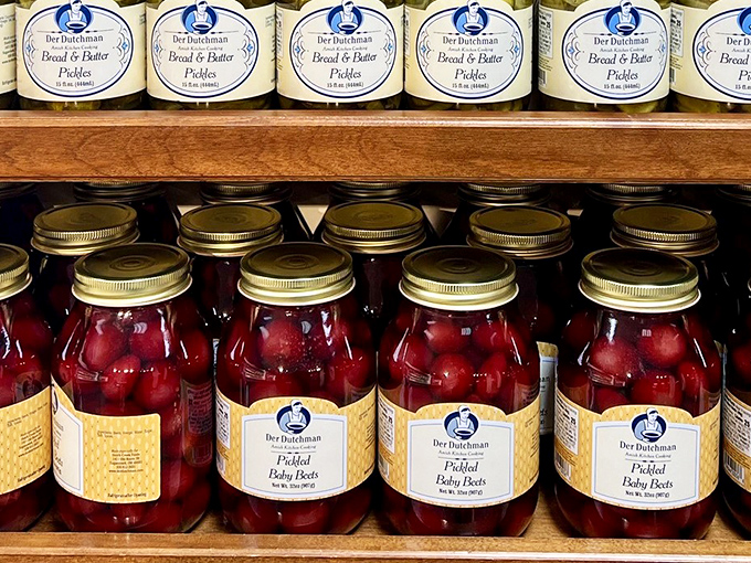 These pickled baby beets shine like ruby gems, adding tangy perfection to any sandwich masterpiece.