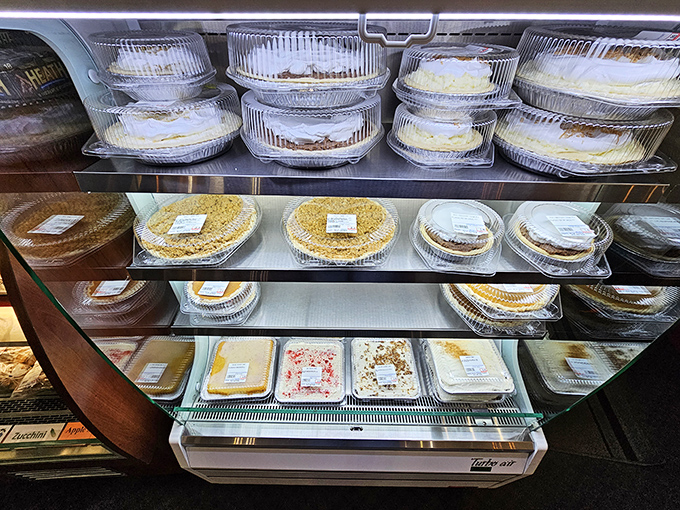 Heaven's waiting room looks suspiciously like this pie case. Each container holds the kind of dessert worth breaking New Year's resolutions for.
