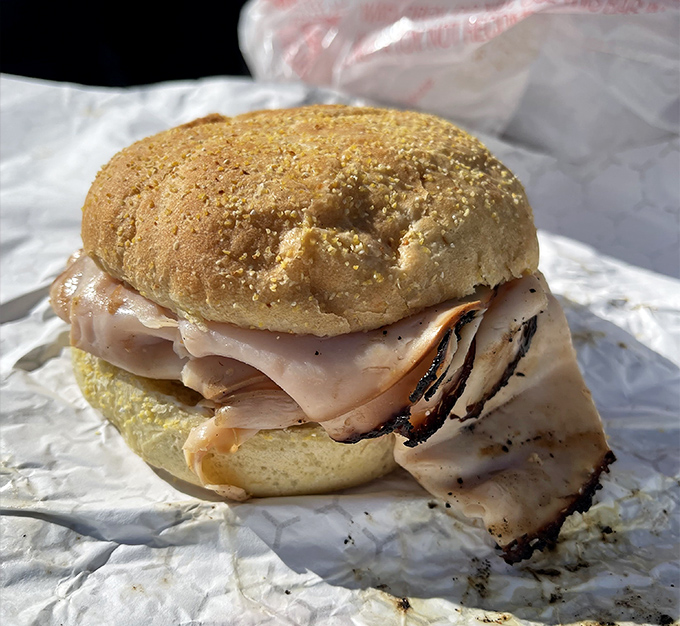 Not to be overshadowed by its beefy brother, the pit turkey sandwich offers a lighter but equally smoky alternative. Notice that beautiful char on the edges!