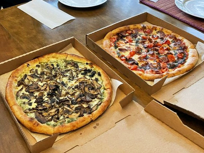 Two pizzas, infinite possibilities. The mushroom pie on the left is practically a fungal fantasy come true.