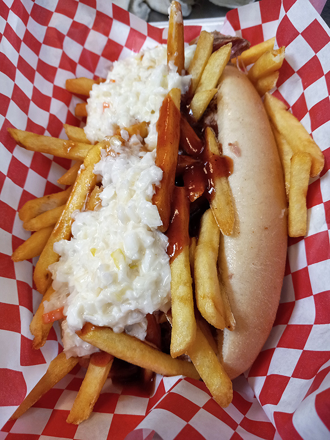 Behold the Polish Boy: where kielbasa, pulled pork, fries, and coleslaw unite in beautiful chaos.