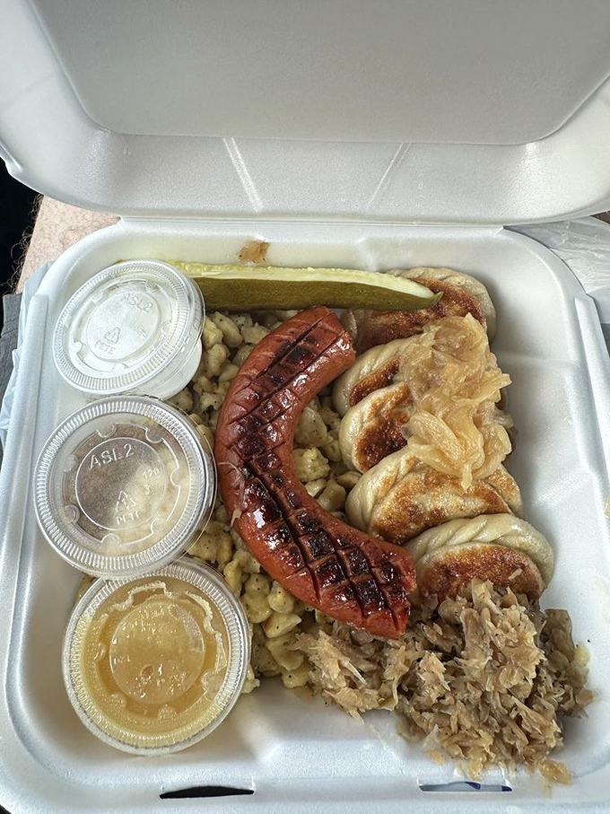 The Polish Platter: where kielbasa, pierogies, and sauerkraut come together like the world's most delicious family reunion. Pickle included for good measure.