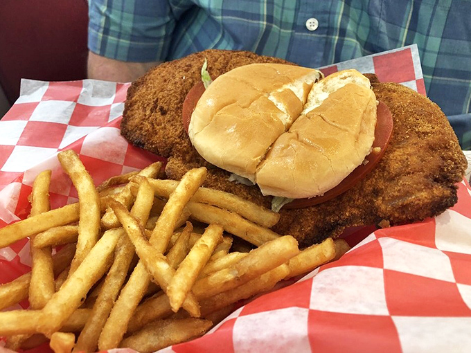 The pork tenderloin sandwich: where the meat extends well beyond the bun's jurisdiction. Midwestern portion sizes at their most magnificent.