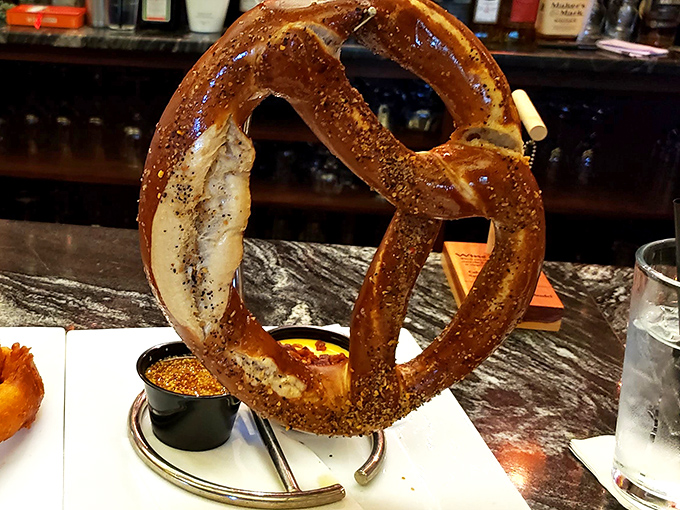 Not your ballpark pretzel! This Bavarian beauty hangs like modern art, practically begging you to tear into its salty perfection.