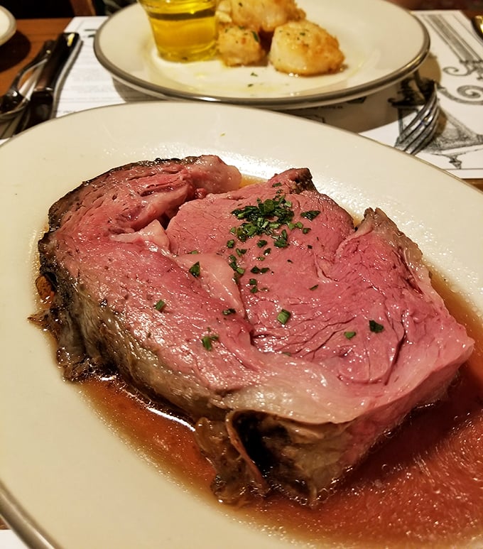 Behold the star of the show: prime rib so perfectly pink it should have its own Instagram account. This isn't just meat&mdash;it's a masterpiece. 