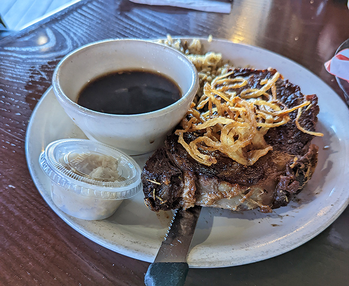 Prime rib so tender it practically cuts itself, proving landlocked doesn't mean flavor-locked.