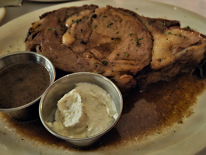 Prime rib so perfectly executed it deserves its own standing ovation, complete with those little metal cups of horseradish and au jus.
