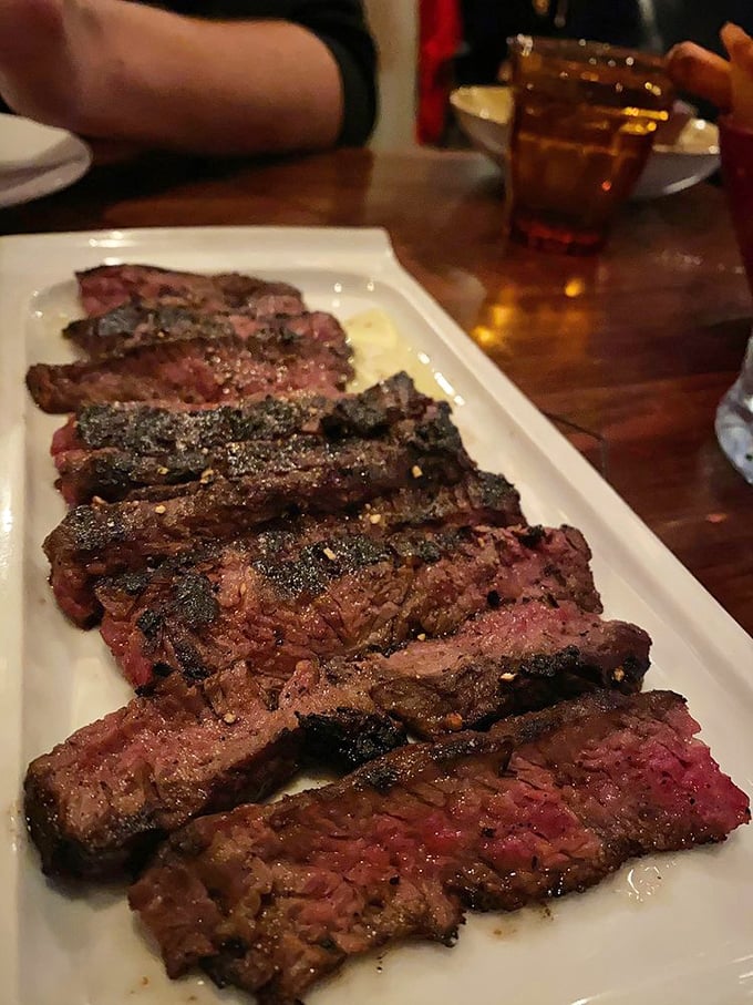 The skirt steak, sliced and ready for its close-up. That char-to-tenderness ratio would make even the most dedicated vegetarian pause for reflection.