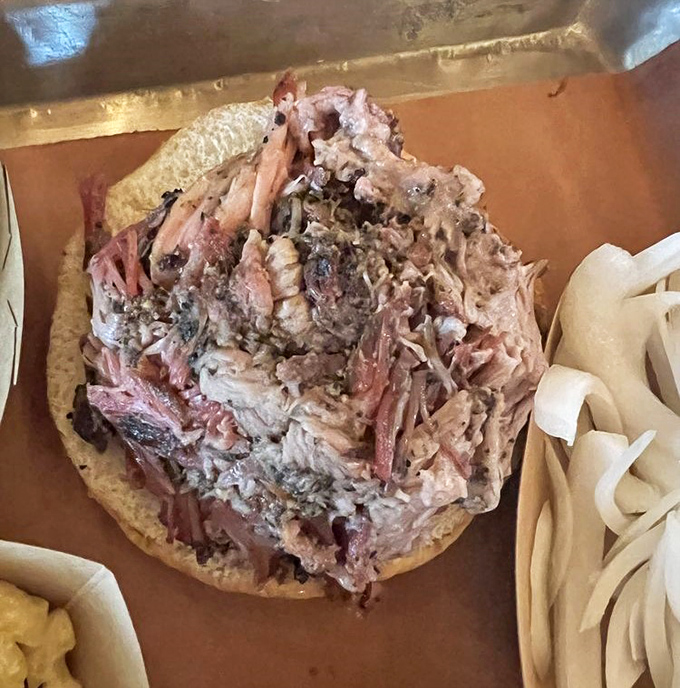 Pulled pork perfection &ndash; tender strands of smoky goodness piled high. This sandwich doesn't need a fancy introduction, just plenty of napkins.