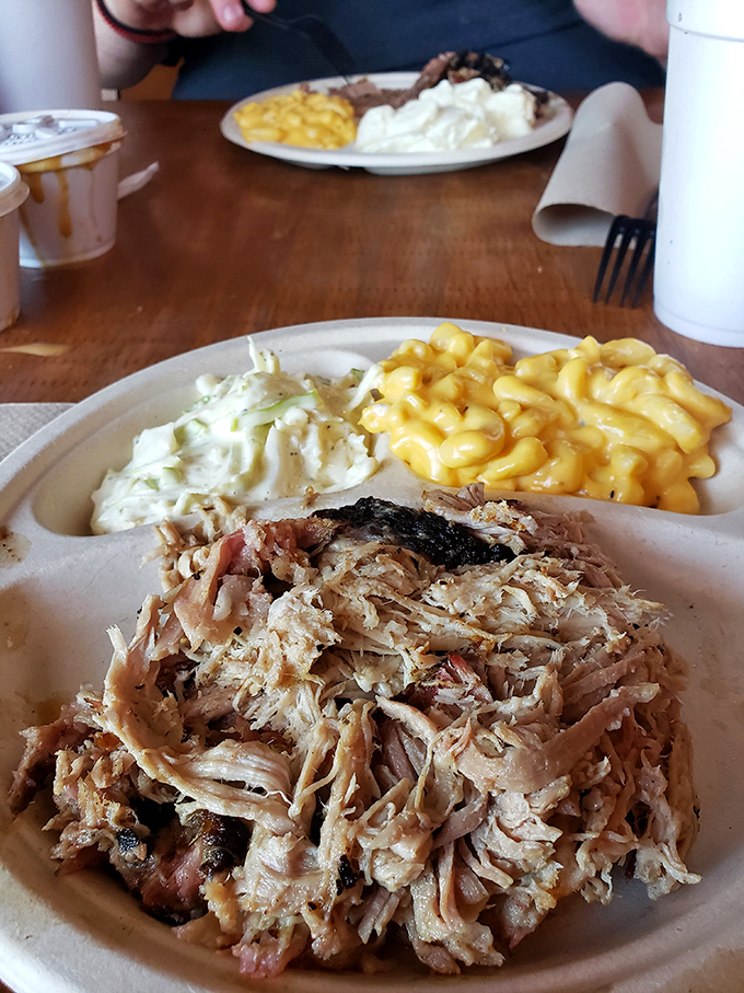 Pulled pork that actually looks hand-pulled, not machine-shredded, alongside mac and cheese that's clearly had a proper introduction to real cheddar.