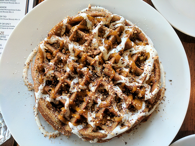 A waffle that doesn't just break the rules, it rewrites them. That drizzle pattern deserves its own exhibit at the Portland Art Museum.