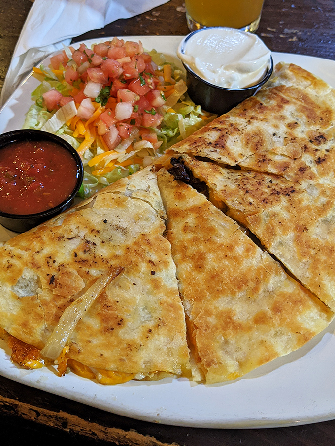 This quesadilla isn't messing around. Crispy exterior, molten interior, and enough cheese pull to make Instagram food influencers weep with joy.