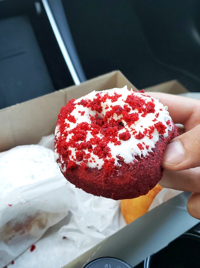 The red velvet donut doesn't just wear its crimson hue proudly &ndash; it's dressed for the Hollywood red carpet of breakfast pastries.