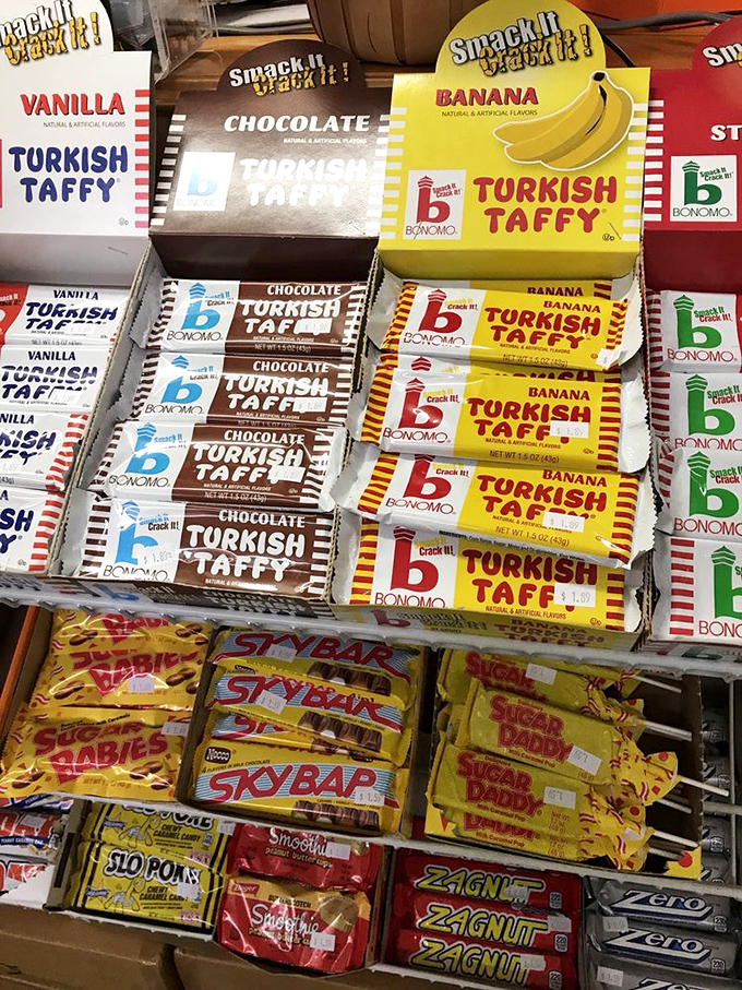 A sugar-fueled time machine! Turkish Taffy, Sky Bars, and Sugar Daddy—the candy aisle that makes Baby Boomers exclaim, "They still make these?!"