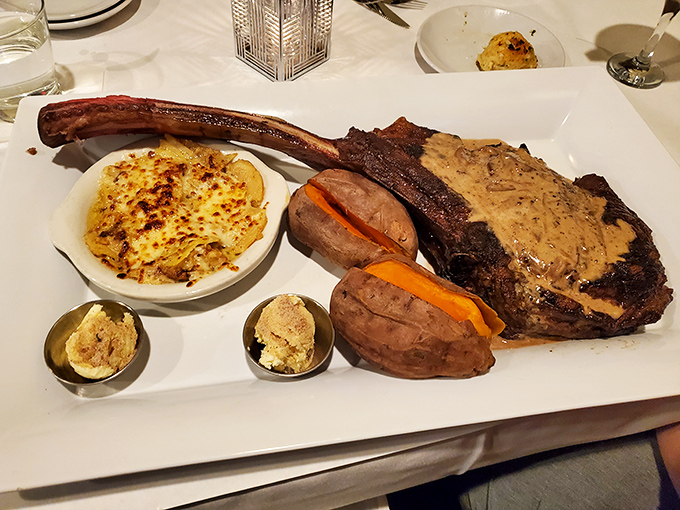This tomahawk steak doesn't just make an entrance&mdash;it stages a full Broadway production. The mac and cheese co-star deserves its own Tony Award.