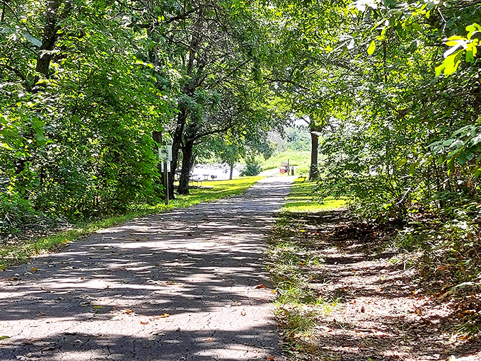 Dappled sunlight creates nature's stained glass along this shaded path &ndash; the perfect backdrop for contemplating life's big questions or just your lunch options.