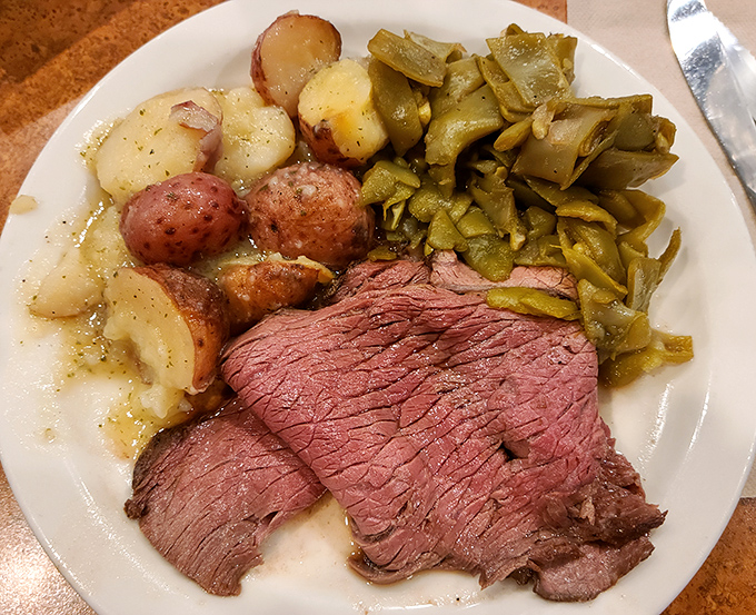 Perfectly pink roast beef alongside buttery potatoes and green beans&mdash;a holy trinity of comfort that would make your grandmother both proud and jealous.