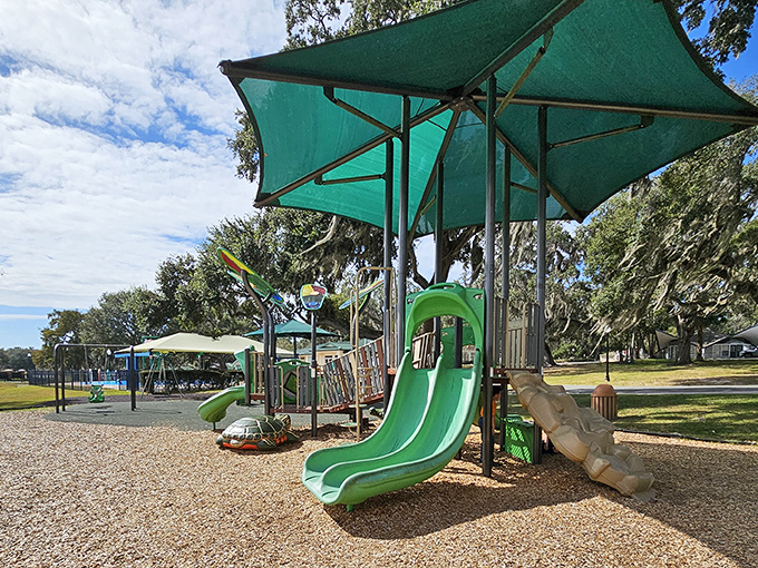 Playgrounds where grandkids can burn energy while grandparents preserve theirs&mdash;a win-win scenario at Rogers Park.