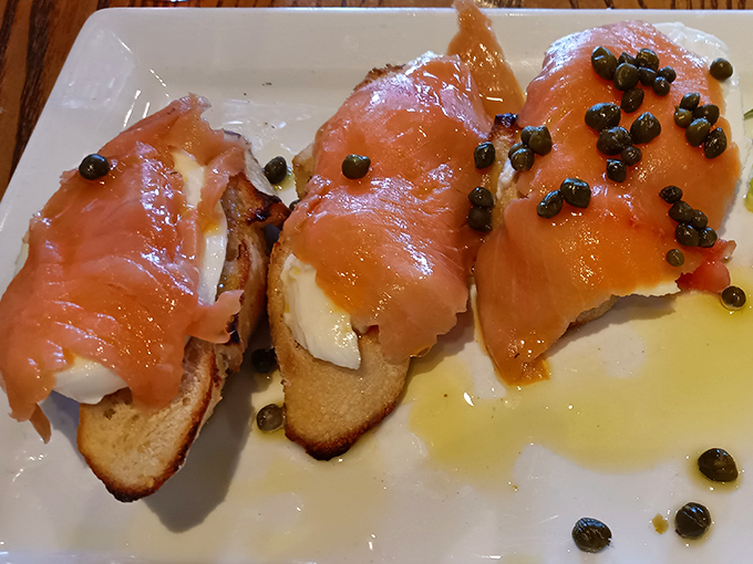 Salmon bruschetta that would make a Venetian gondolier change course. The capers add little pops of briny brilliance to each creamy, smoky bite.