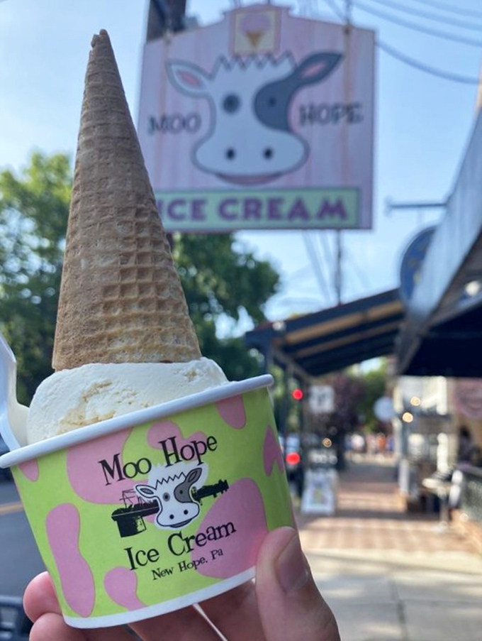 Vanilla ice cream in a classic cone with the iconic Moo Hope sign in the background&mdash;sometimes simplicity is the ultimate sophistication.
