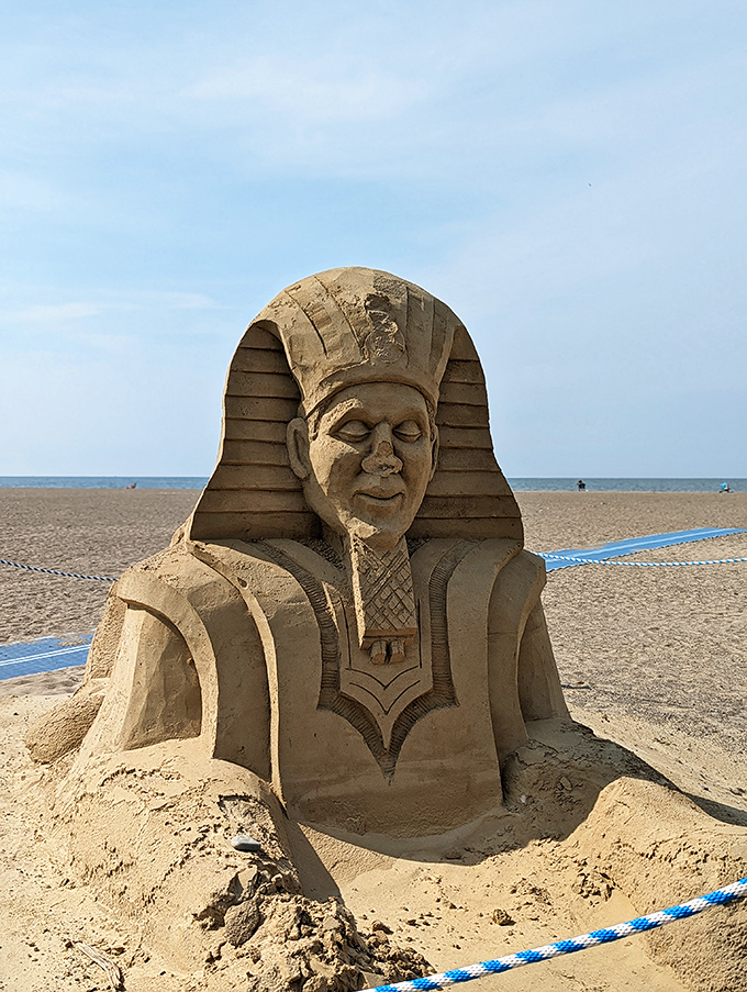 The ancient Egyptians would approve of this sandy sphinx, proof that Ohio beach artists have ambitions as grand as the pharaohs.
